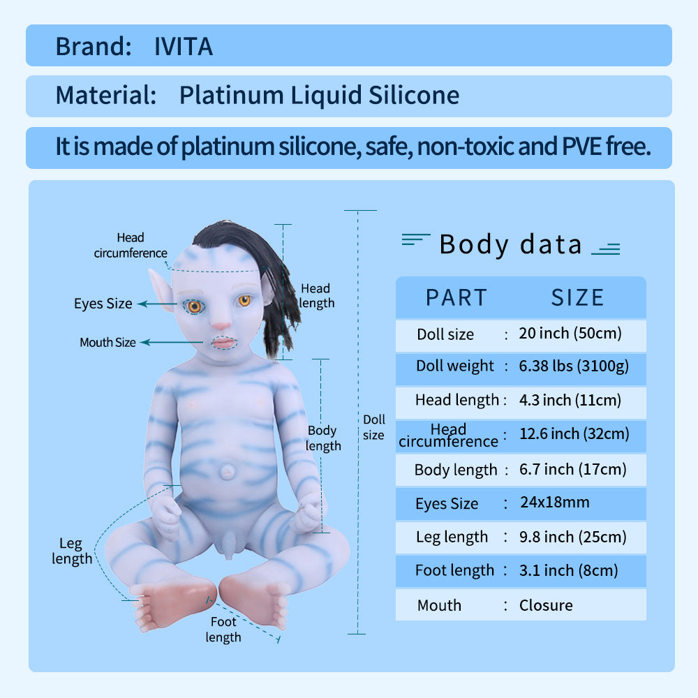 1808RH IVITA 20'' Avatar Silicone Reborn Baby Hair Rooted Amber Eyes S ...